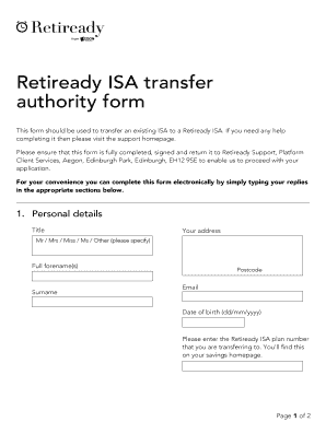 Fillable Online retiready co BRetireadyb ISA transfer authority form ...