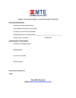 Fillable Online mtecom Letter of AuthorizationLocal Number Porting ...