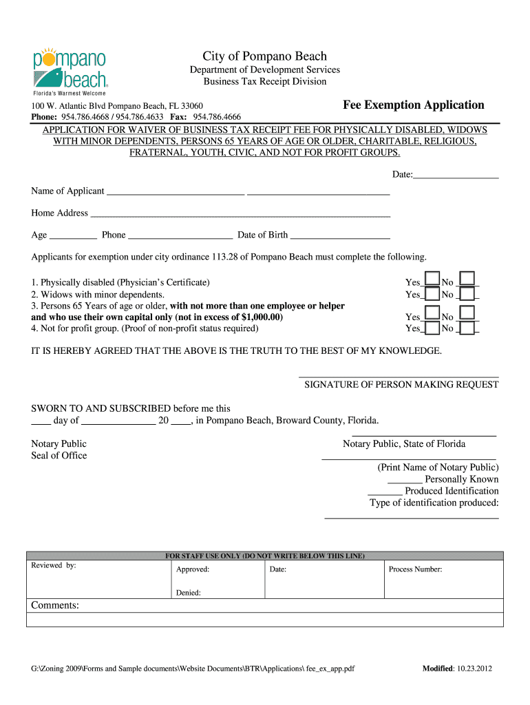 Fillable Online Fee Exemption Application - Pompano Beach Fax Email ...