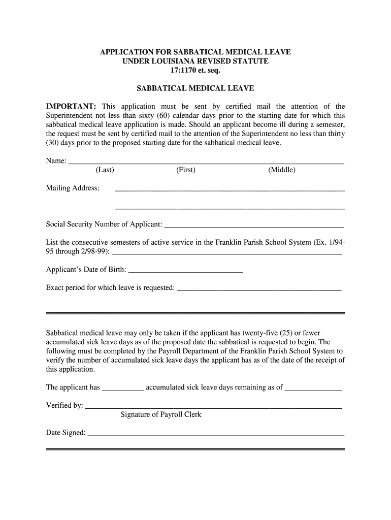 Fillable Online fpsb Sabbatical Medical Leave Application - Franklin ...