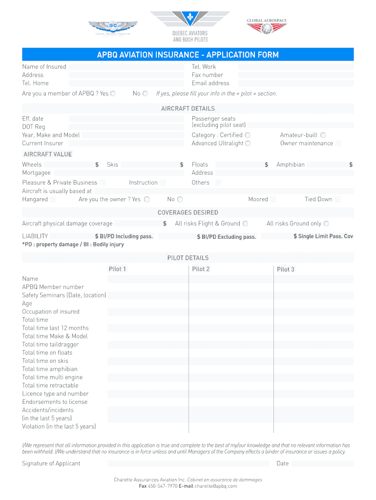 Fillable Online APBQ AVIATION INSURANCE - APPLICATION FORM Fax Email ...