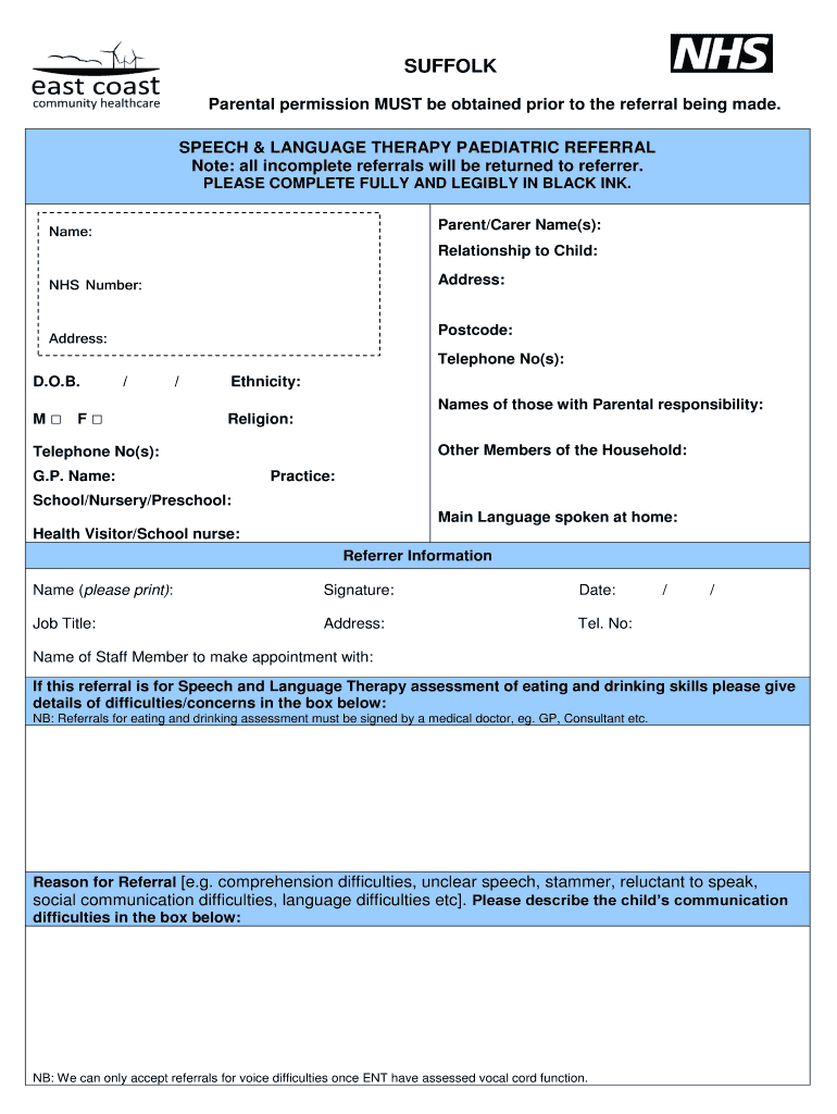 Fillable Online eastcoastch co Waveney Paediatric Referral Form - East ...