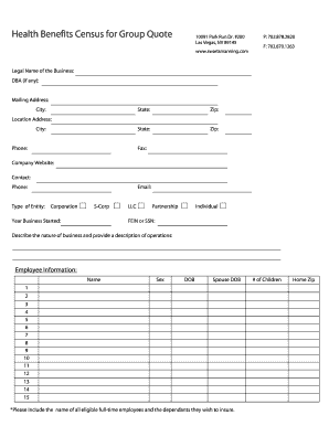 Fillable Online Health Benefits Census for Group Quote ...