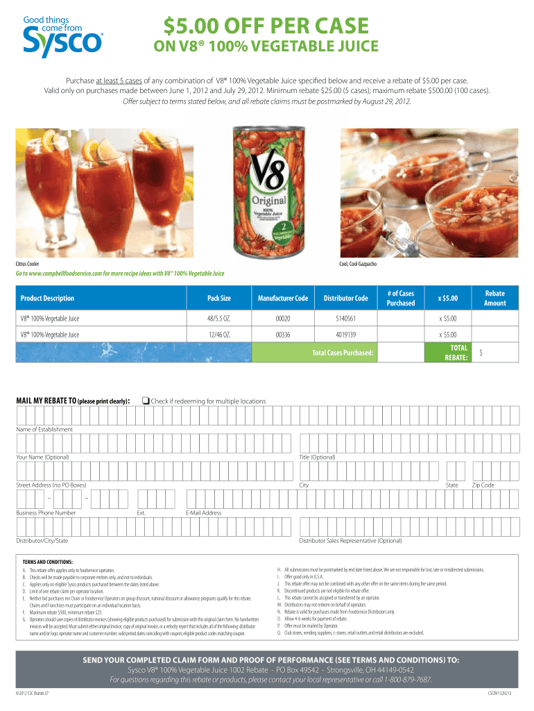 Fillable Online On V8 100% Vegetable Juice - Sysco of South Florida Fax ...