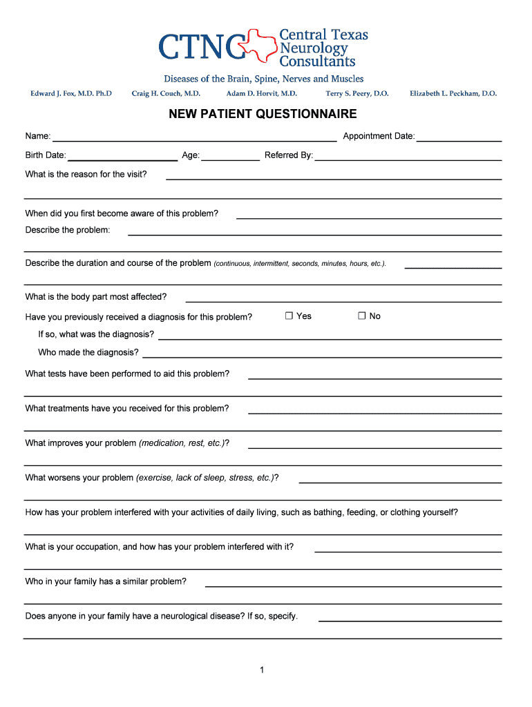 Fillable Online NEW PATIENT QUESTIONNAIRE - Central Texas Neurology ...