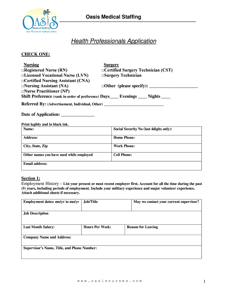 Fillable Online Health Professionals Application - Oasis Nurses Fax ...