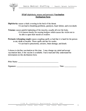 Fillable Online Dtap Declination form - Oasis Nurses Fax Email Print ...