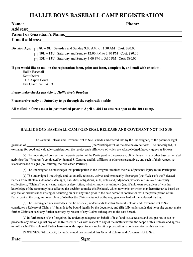 Fillable Online HALLIE BOYS BASEBALL CAMP REGISTRATION Fax Email Print ...