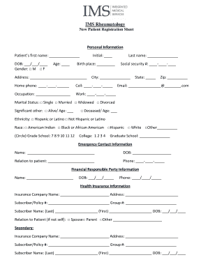 Fillable Online IMS Rheumatology New Patient Registration Sheet Fax Email Print - pdfFiller