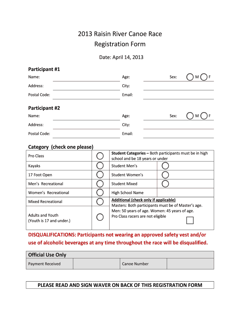 Fillable Online 2013 Raisin River Canoe Race Registration Form Fax Email Print - pdfFiller