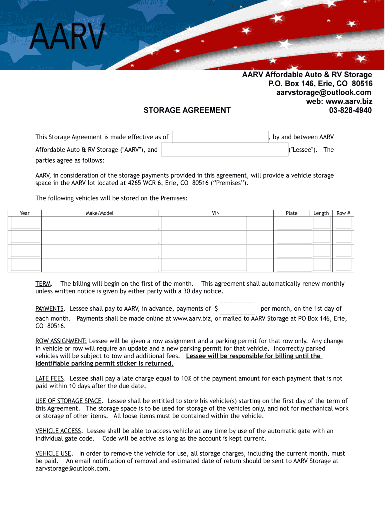 Fillable Online aarv AARV Storage Agreement - AARV Affordable Auto & RV ...