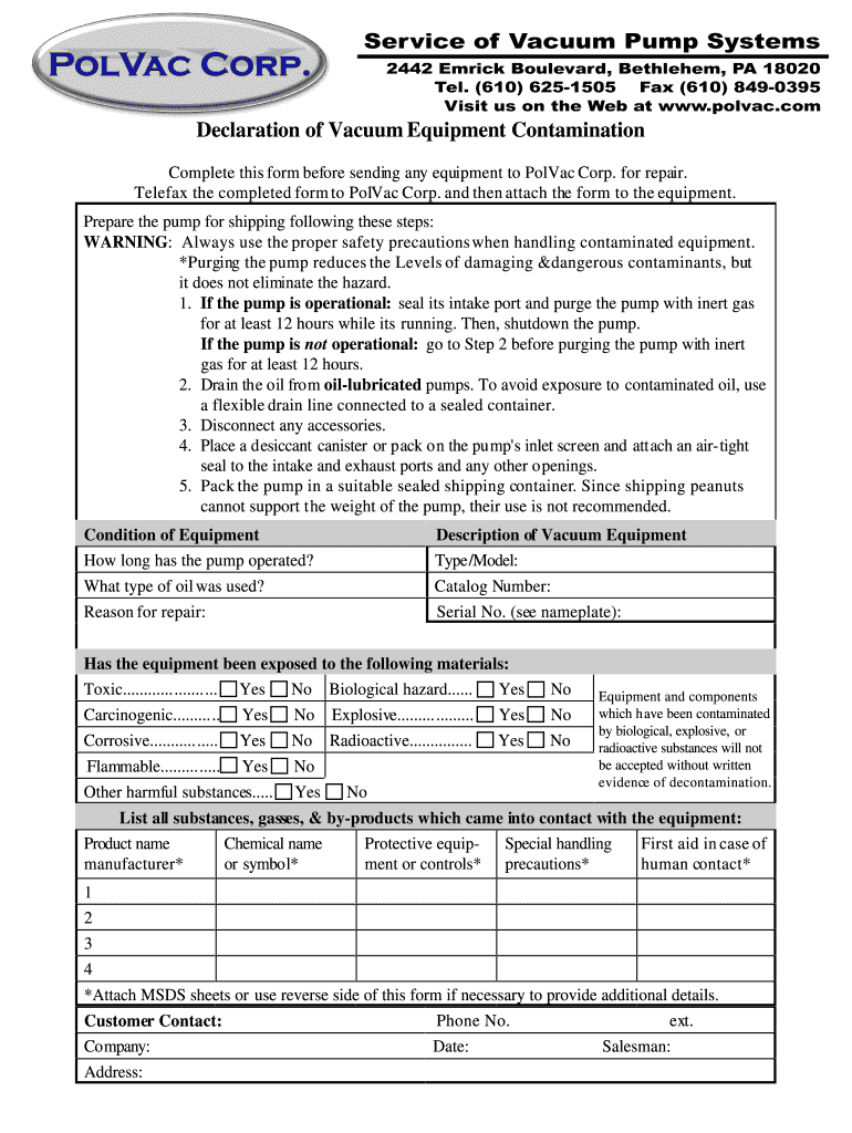 Fillable Online Declaration of Contamination - PolVac Corp Fax Email ...