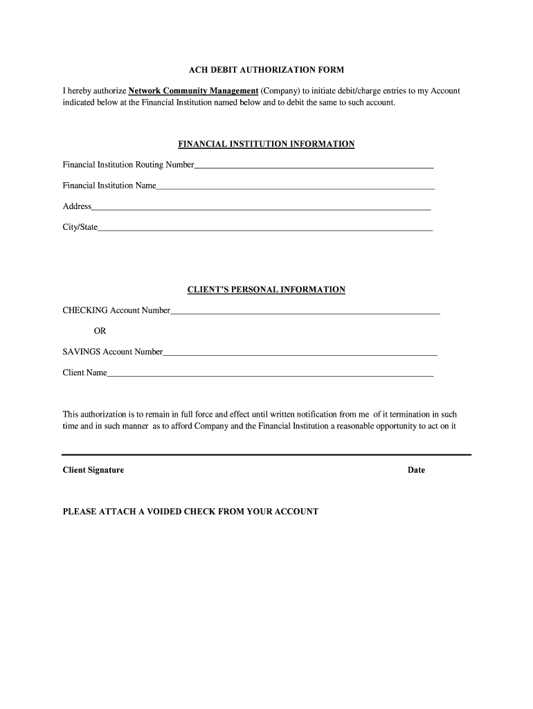Fillable Online ACH DEBIT AUTHORIZATION FORM - The Promontory Fax Email ...