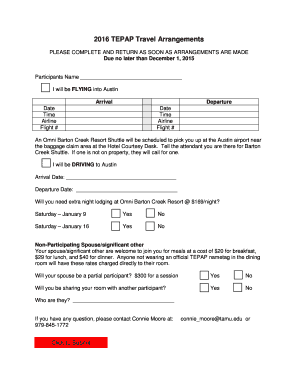 Fillable Online 2016 bTEPAPb Travel Arrangements Fax Email Print ...