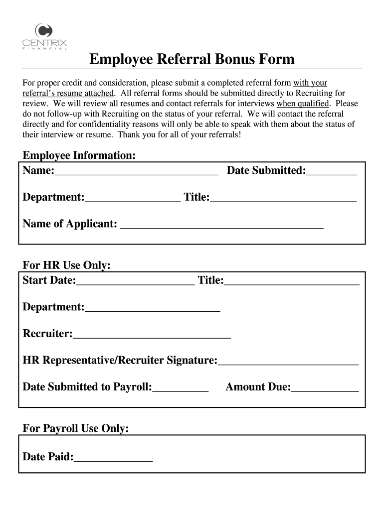 Fillable Online Employee Referral Bonus Form2 - Best Idea Yet Fax Email ...
