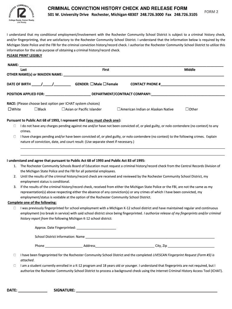 Fillable Online media rochester k12 mi CRIMINAL CONVICTION HISTORY ...