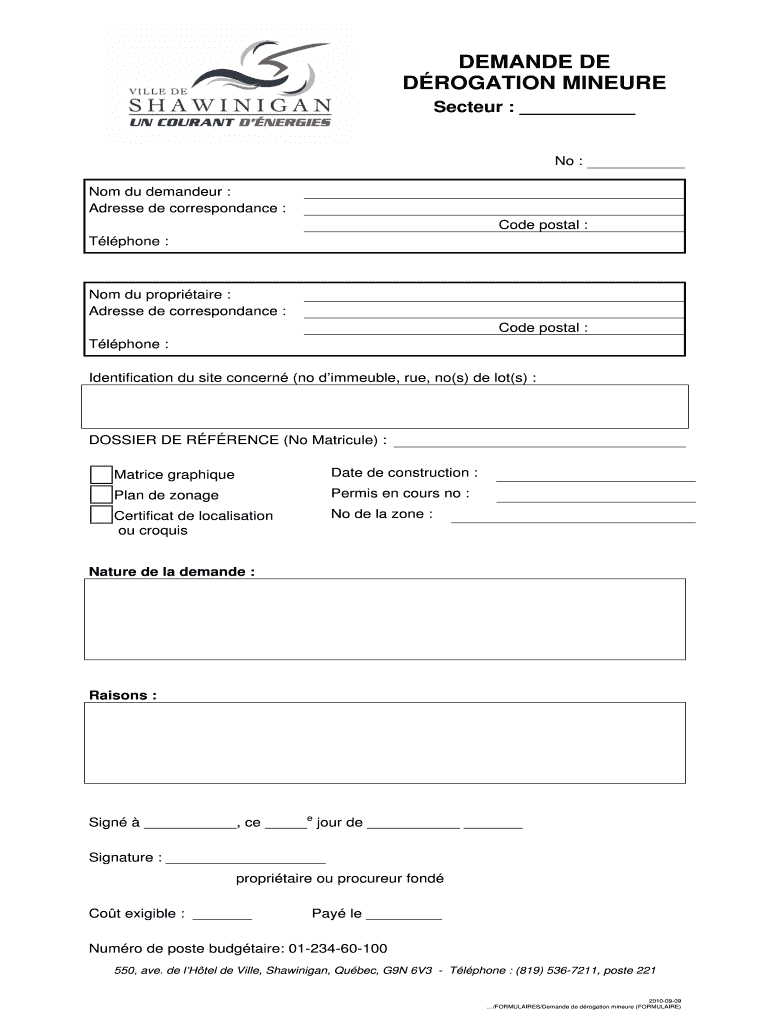 Fillable Online shawinigan Formulaire de demande de d rogation mineure - Shawinigan Fax Email ...