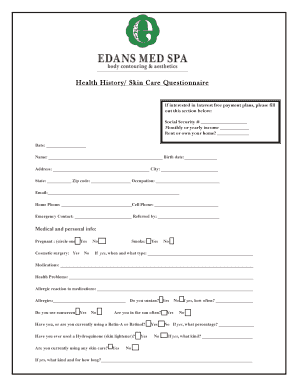 Fillable Online Health History Skin Care Questionnaire Fax Email Print ...