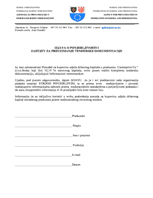 Fillable Online IZJAVA O POVJERLJIVOSTI I ZAHTJEV ZA PREUZIMANJE ...