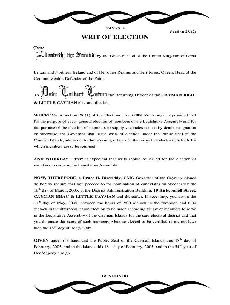 Fillable Online FORM NO 16 WRIT OF ELECTION Elizabeth the Second Fax ...