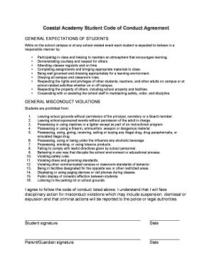 Fillable Online Coastal Academy Student Code of Conduct Agreement Fax ...