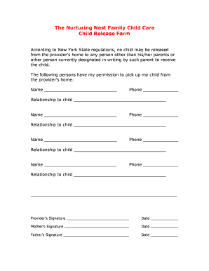 Fillable Online The Nurturing Nest Family Child Care Child Release Form ...