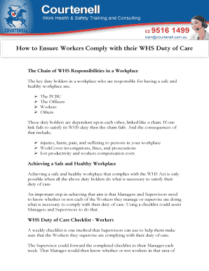 Fillable Online How to Ensure Workers Comply with WHS Duty of Care ...