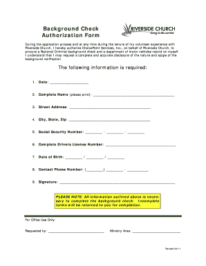 Fillable Online Background Check Authorization Form - Riverside Church ...