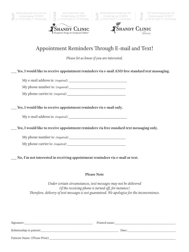 Fillable Online Appointment Reminders Through E-mail and Text! - The ...