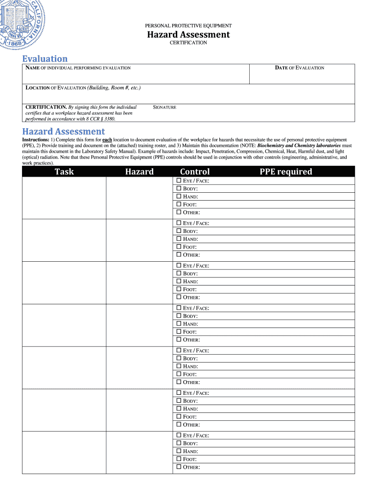 Fillable Online ehs ucr PERSONAL PROTECTIVE EQUIPMENT Hazard Assessment ...