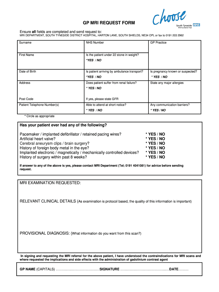 Fillable Online sthct nhs GP MRI REQUEST FORM - sthctnhsuk - sthct nhs ...
