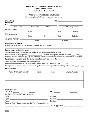 Fillable Online losthills k12 ca Application for Certificated Employment - Lost Hills Union ...