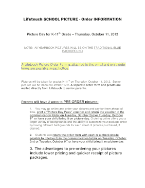 Fillable Online Lifetouch SCHOOL PICTURE - Order INFORMATION Fax Email ...
