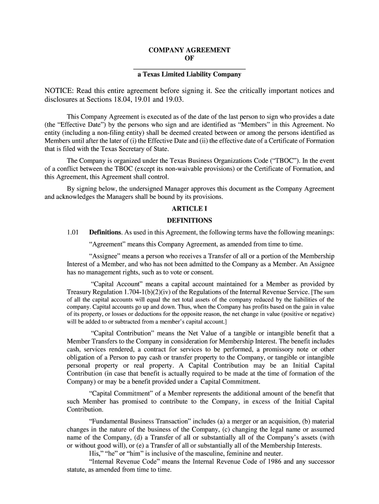 Fillable Online Texas LLC Company Agreement FREE Fill-In Form Texas LLC ...