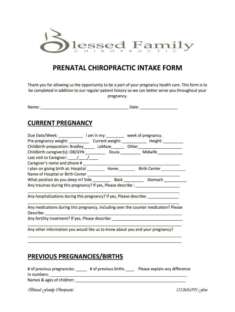 Fillable Online PRENATAL CHIROPRACTIC INTAKE FORM - Dr Annie Wood Fax ...