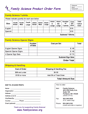 Fillable Online familyscience Ordered Family Science Product Order Form ...
