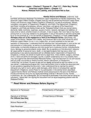 Fillable Online RIDER WAIVER FORM - American Legion, FL Post 117 Fax ...
