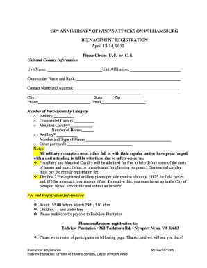 Fillable Online Reenactment Registration 08 - bEndviewb Plantation Fax ...