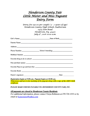 Fillable Online Henderson County Fair Little Mister and Miss Pageant ...
