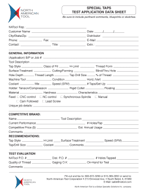 Fillable Online SPECIAL TAPS TEST APPLICATION DATA SHEET Fax Email ...
