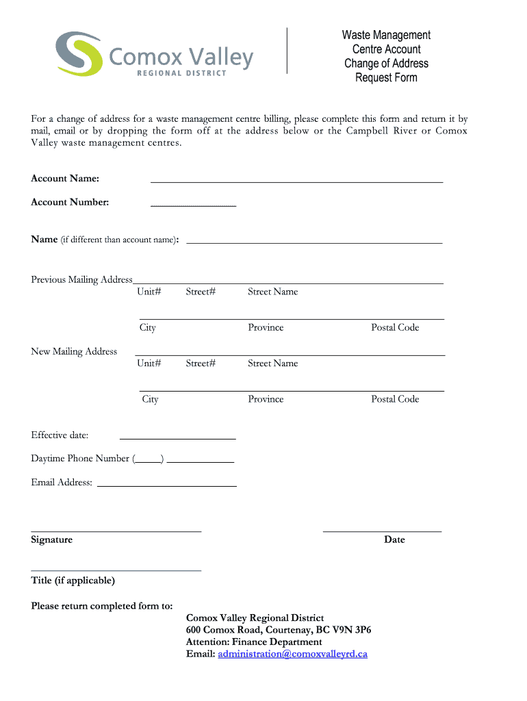 Fillable Online Waste Management Centre Account Change of Address ...