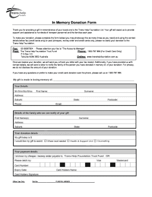 Fillable Online In Memory Donation Form - Trans-Help Foundation Fax ...