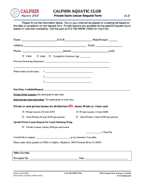 Fillable Online Private Swim Lesson Request Form v1 - Calphin Aquatic ...