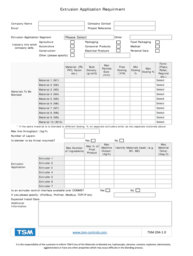 Fillable Online Extrusion Application Requirment - btsmb-bcontrolsbbcomb Fax Email Print - pdfFiller