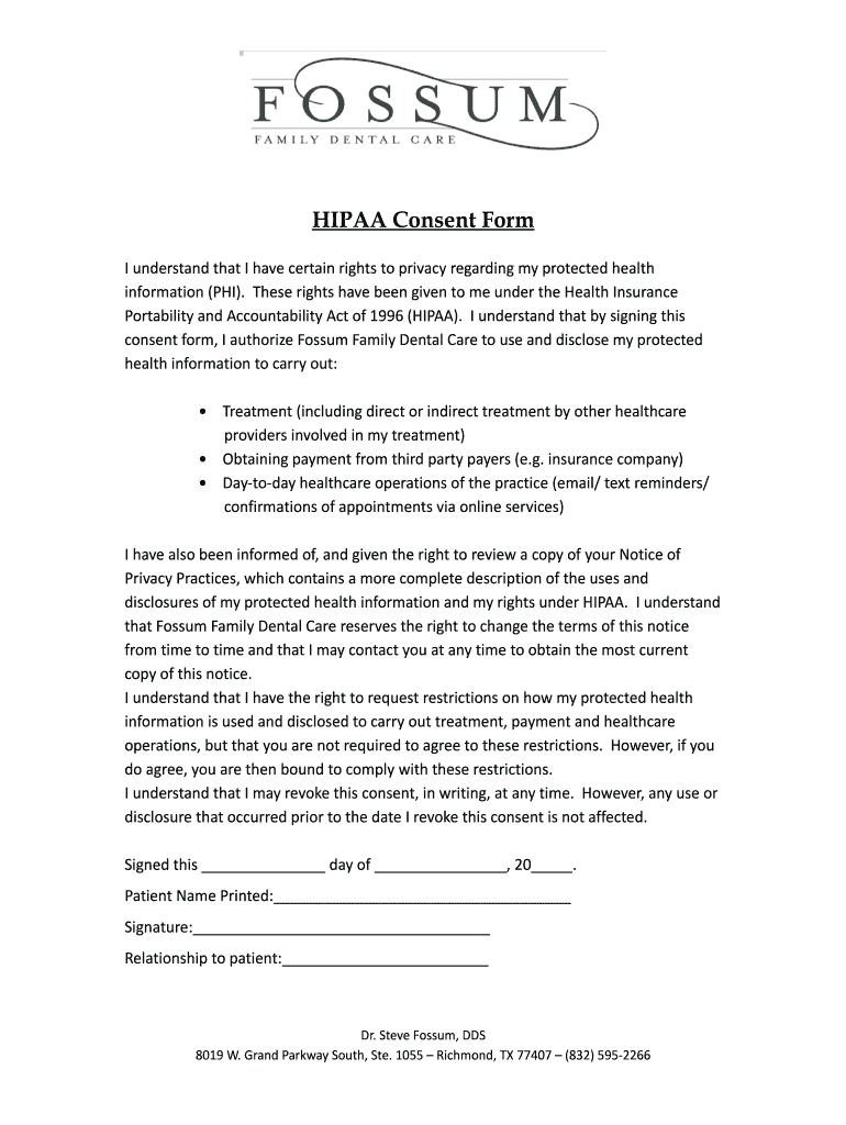 Fillable Online HIPAA Consent Form - Fossum Family Dental Care Fax ...