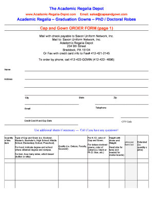 Fillable Online Cap and Gown Order Form - Academic Regalia bDepotb Fax ...
