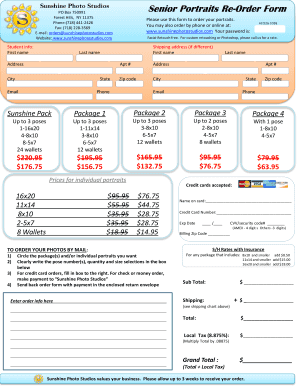 Fillable Online Sunshine Photo Studios Senior Portraits Re-Order Form ...
