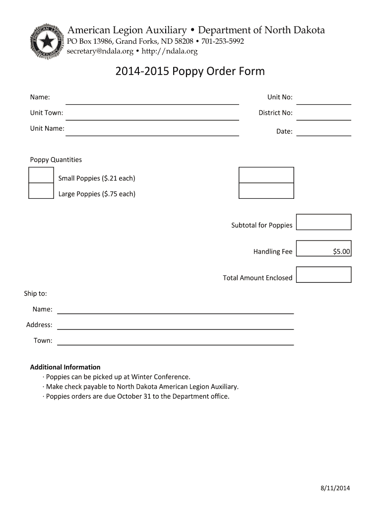 Fillable Online ndala 2014-2015 Poppy Order Form - American Legion ...