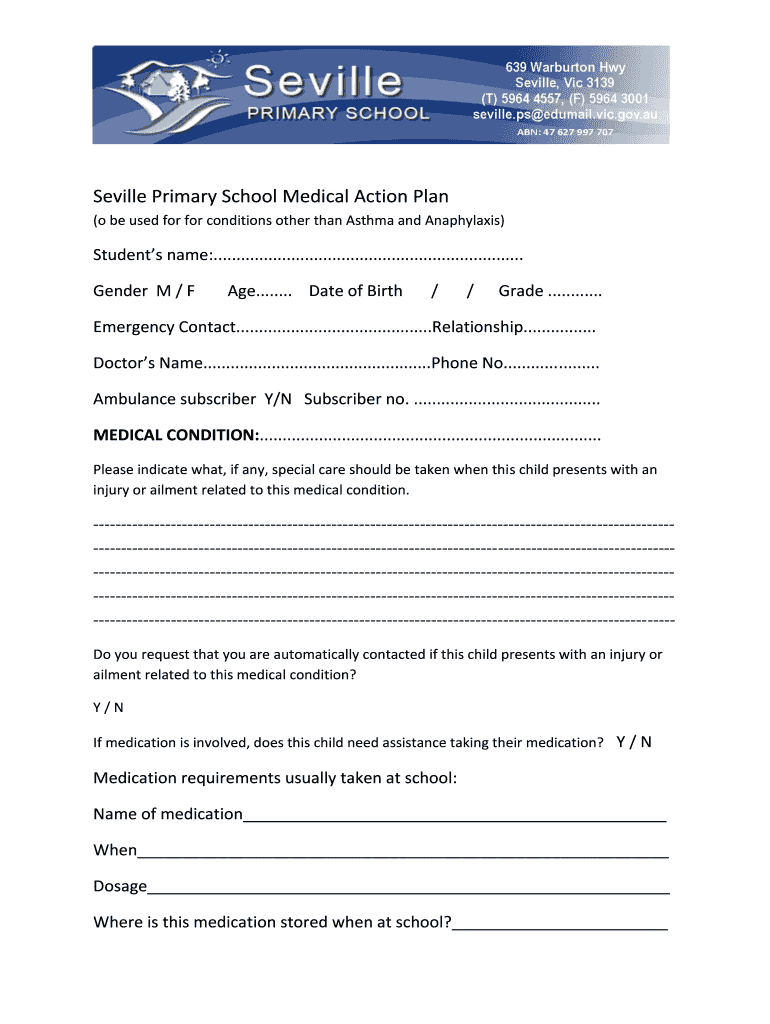 Fillable Online Seville Primary School Medical Action Plan Fax Email ...