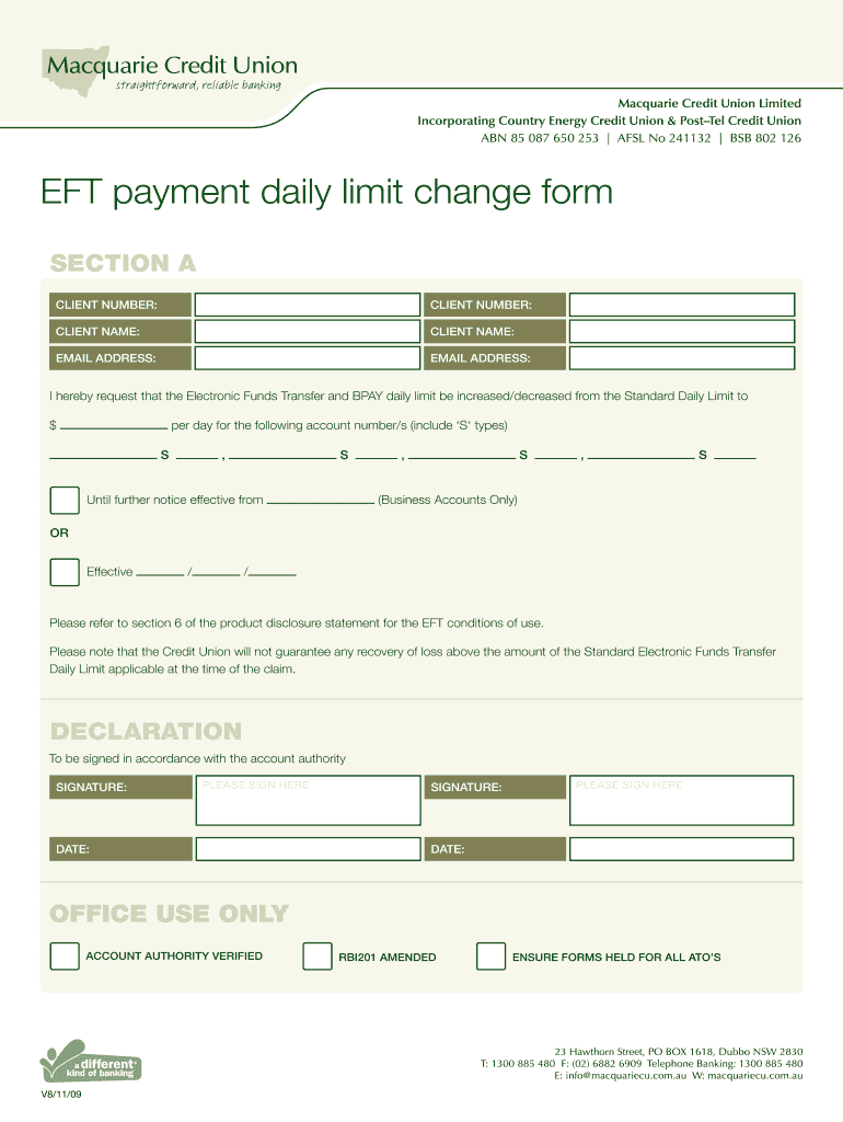 Fillable Online EFT payment daily limit change form Fax Email Print ...